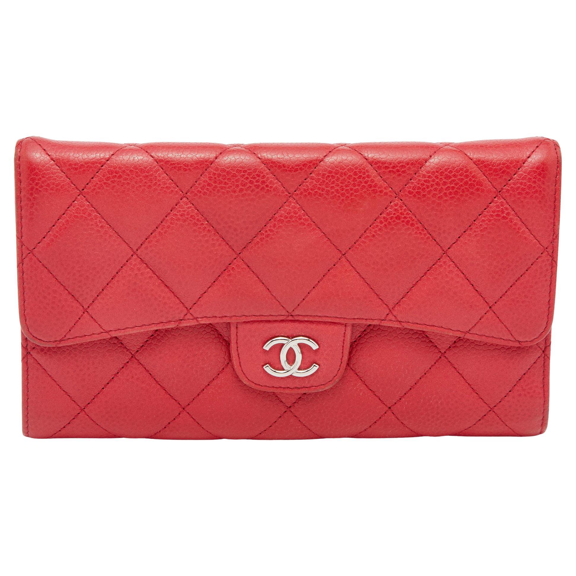 Chanel Red Quilted Caviar Leather Classic Flap Wallet at 1stDibs