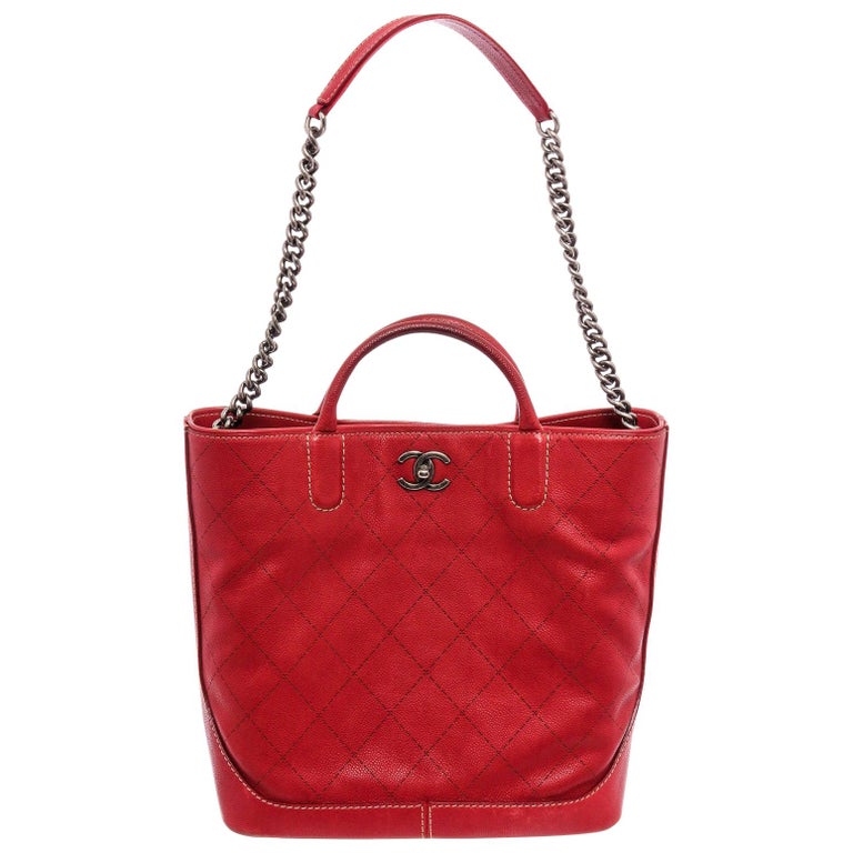 Chanel Red Quilted Caviar Leather Two-Way Chain Tote Shoulder Bag at ...