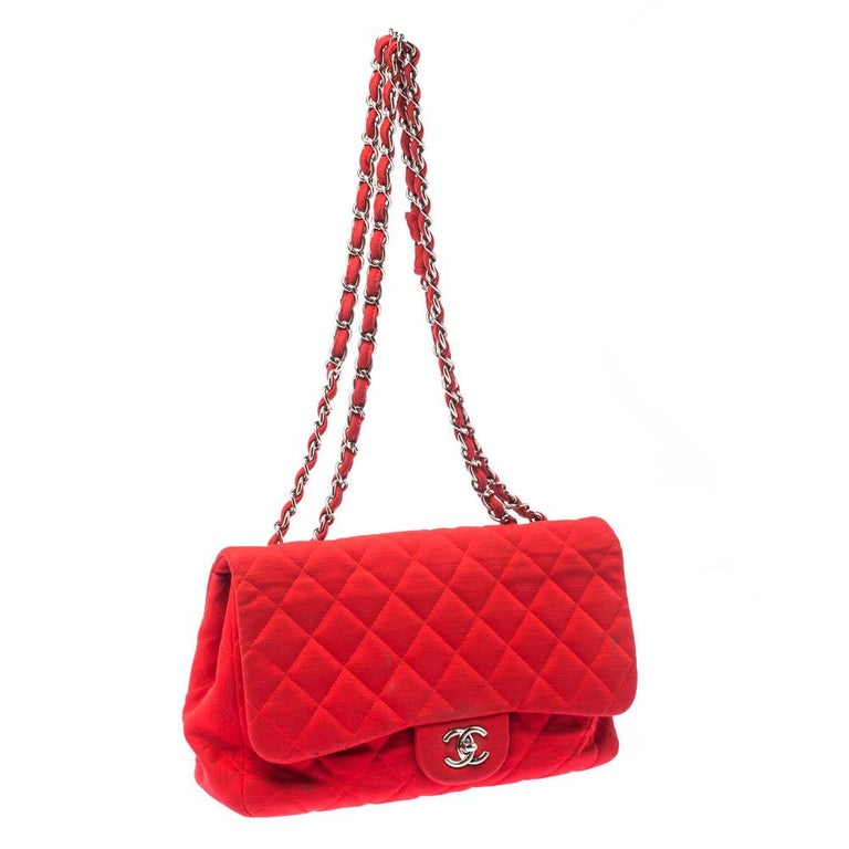Chanel Red Quilted Fabric Jumbo Classic Single Flap Bag For Sale at 1stDibs