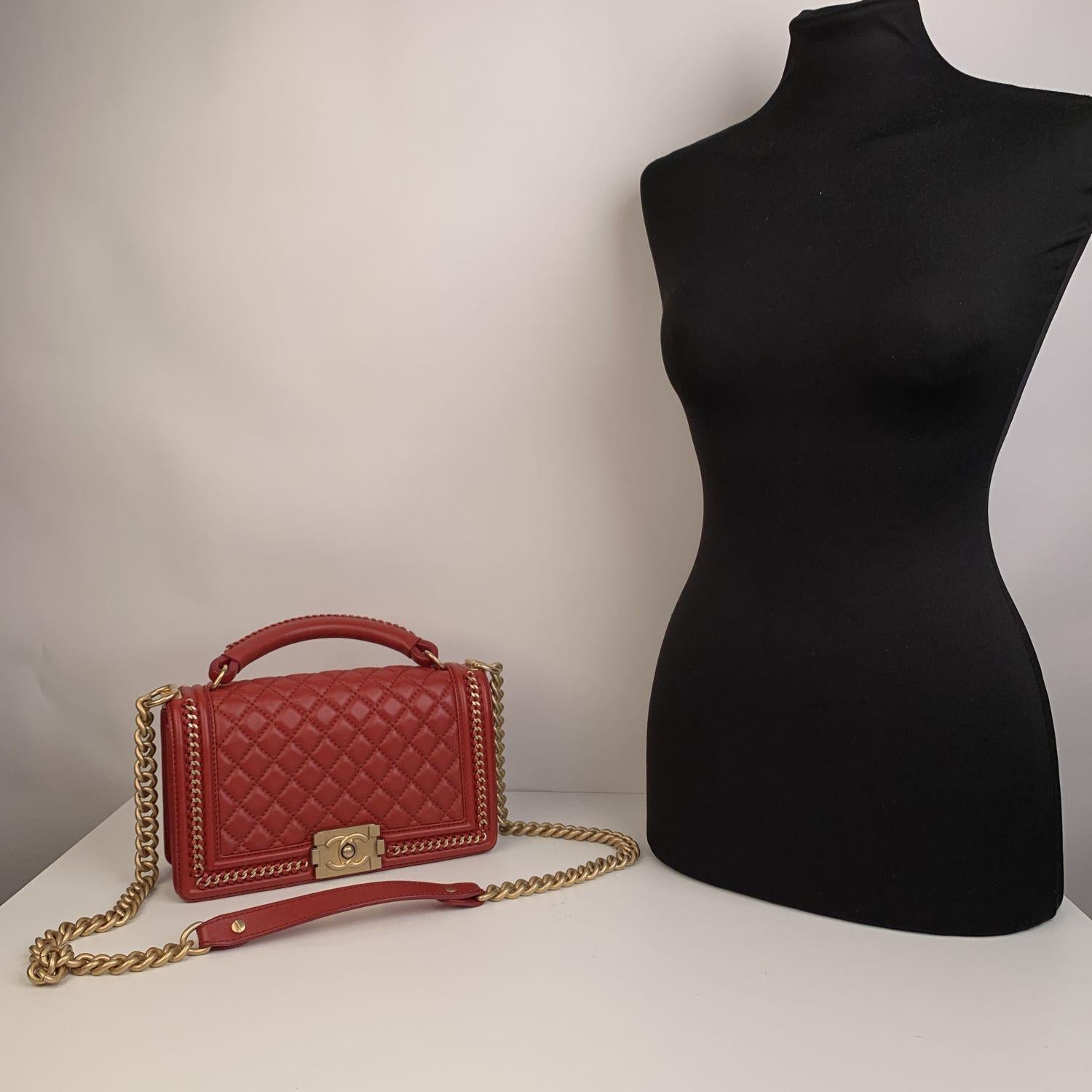 Chanel Red Quilted Leather Top Handle Medium Boy Bag with Chains For ...