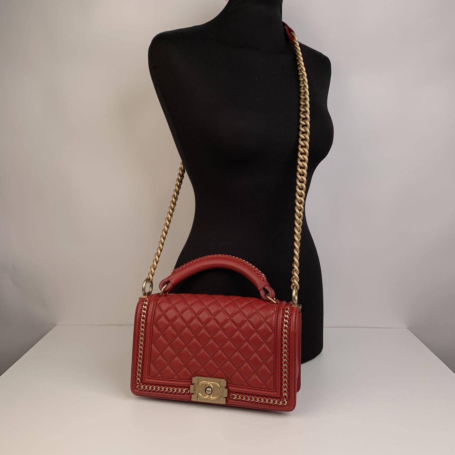 Chanel Red Quilted Leather Top Handle Medium Boy Bag with Chains For ...