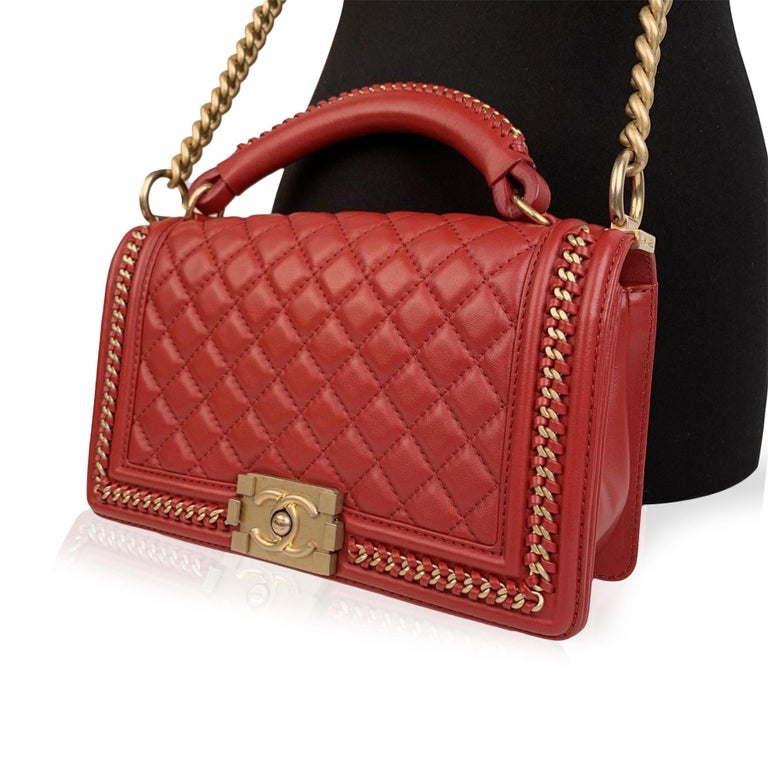 Chanel Red Quilted Leather Top Handle Medium Boy Bag with Chains For ...