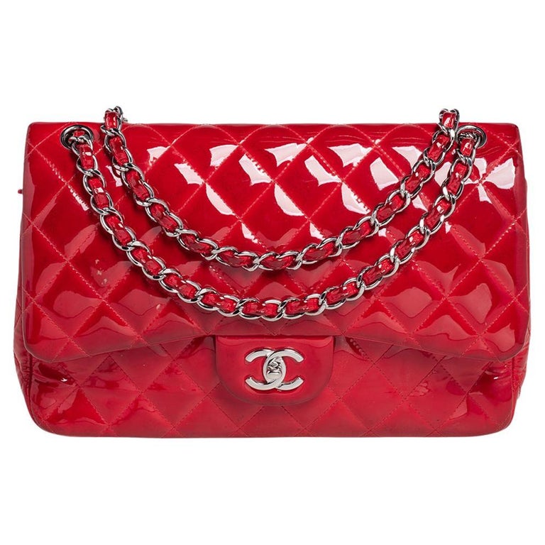 Chanel Red Quilted Patent Leather Jumbo Classic Double Flap Bag at 1stDibs
