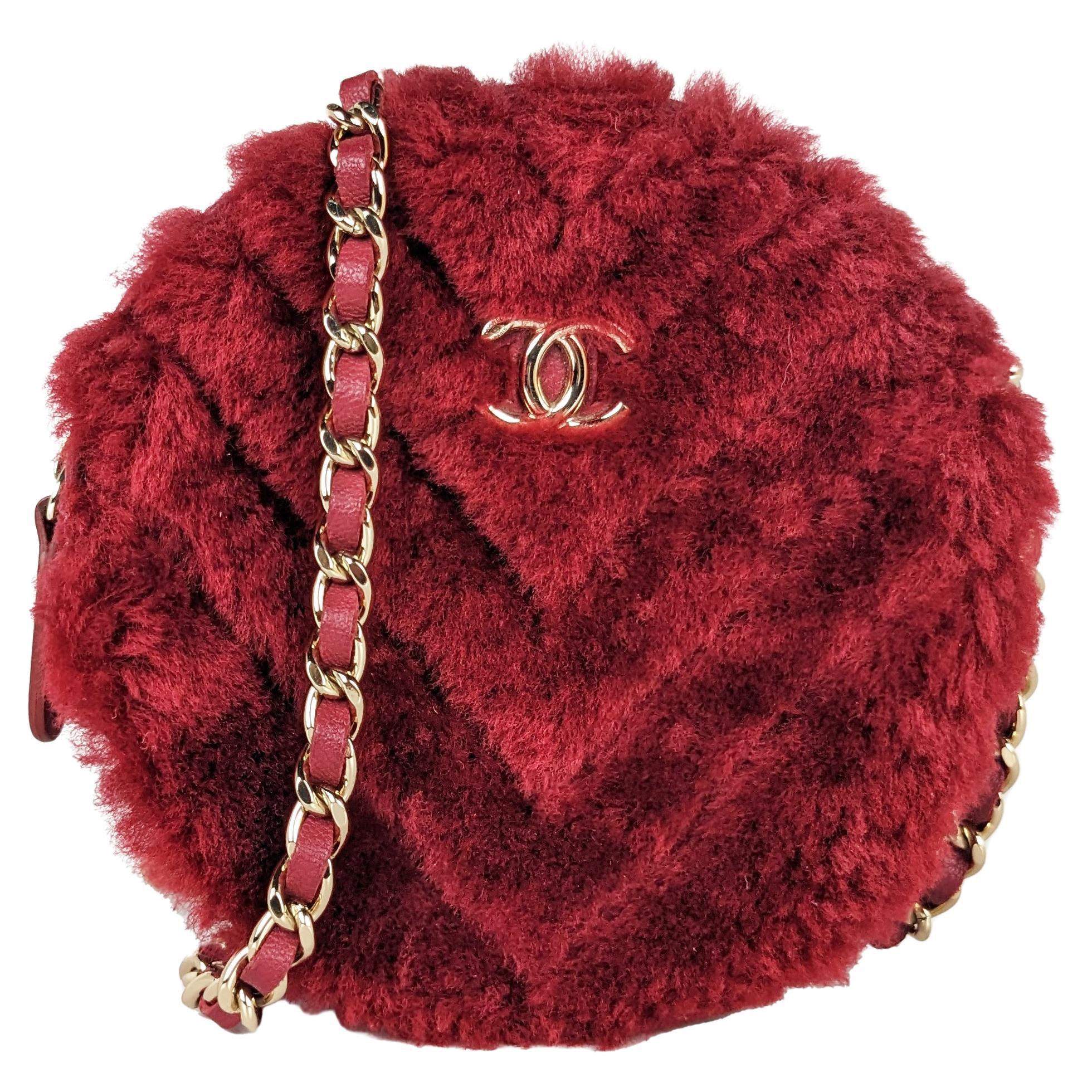 Chanel Red Shearling Round Clutch with Chain Crossbody Bag For Sale at ...
