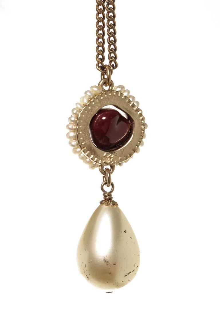 Chanel Red Stone Teardrop Pearl Necklace For Sale at 1stDibs