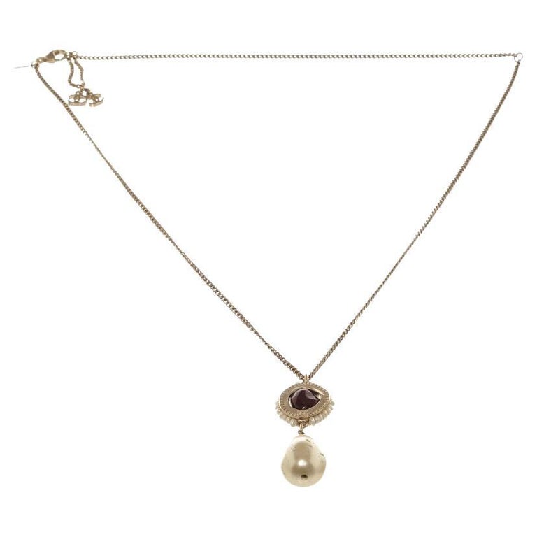 Chanel Red Stone Teardrop Pearl Necklace For Sale at 1stDibs