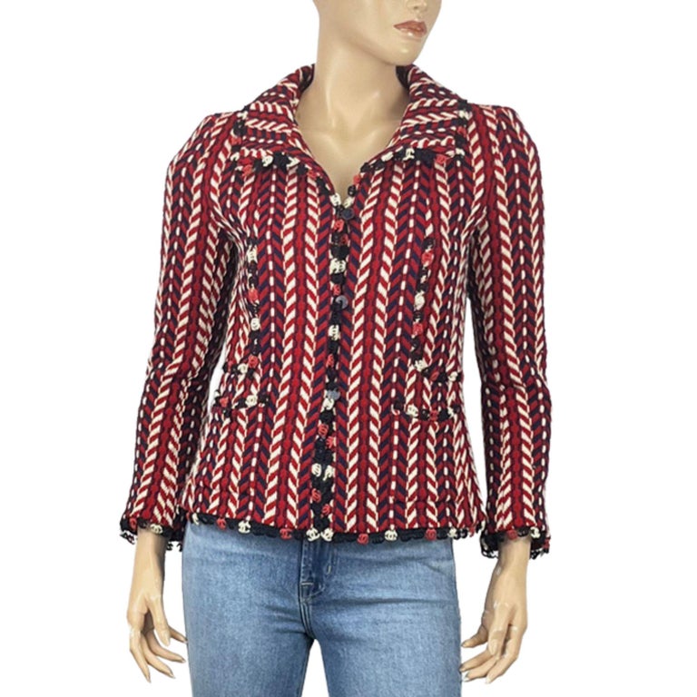 Chanel Red Tri-Color Tweed Balzer With CC Logo Trim-38 For Sale at 1stDibs