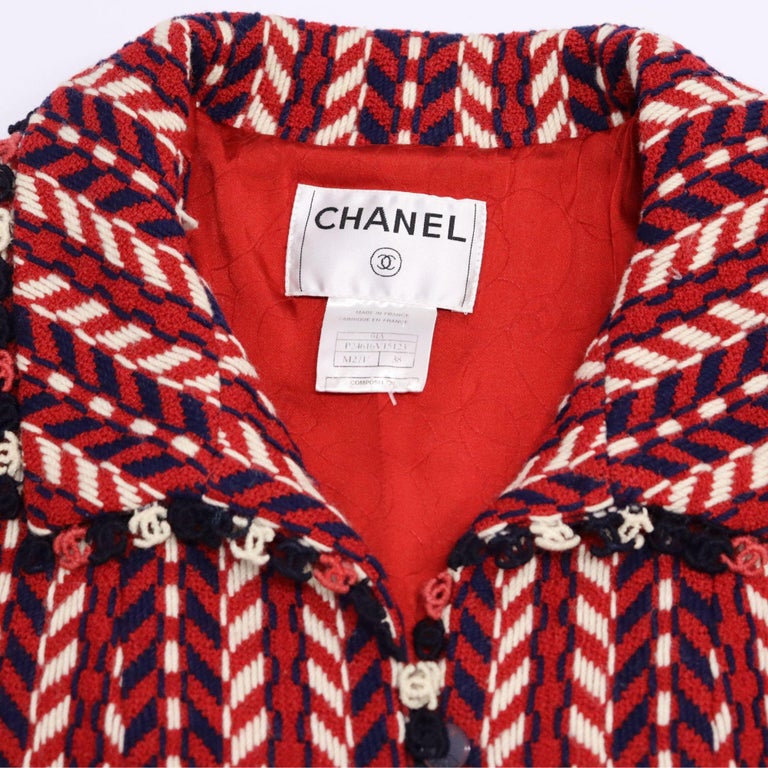 Chanel Red Tri-Color Tweed Balzer With CC Logo Trim-38 For Sale at 1stDibs