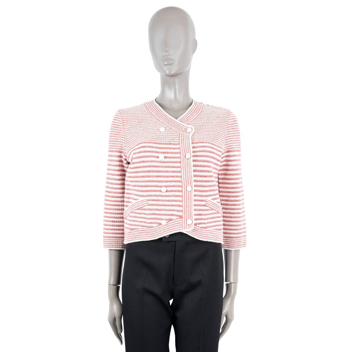 CHANEL red and white 2015 15P DOUBLE BREASTED STRIPED KNIT Jacket 38 S ...