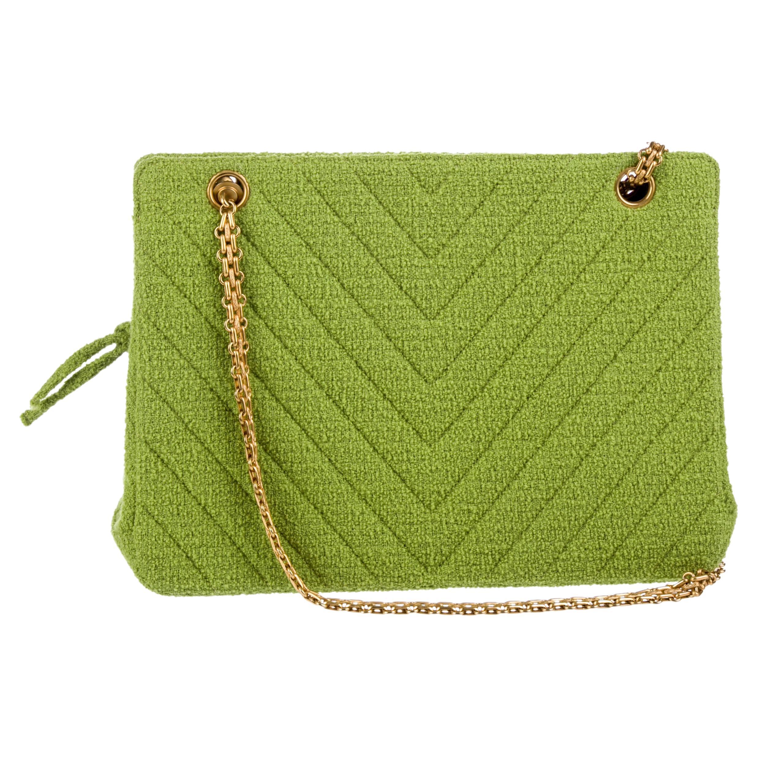 Chanel Reissue Chevron Lime Green Classic Tweed Tote For Sale at 1stDibs