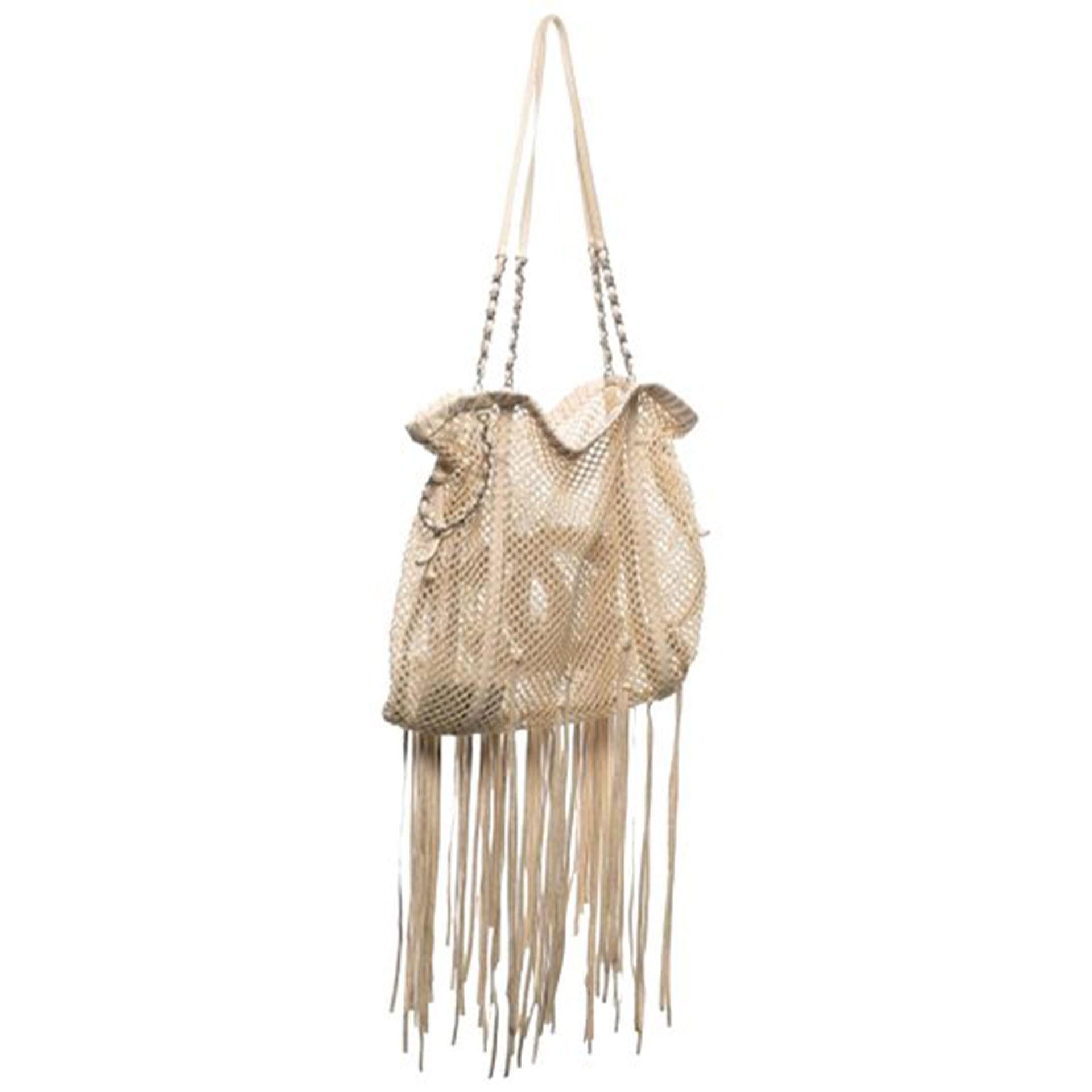 Chanel Resort 2011 Fringe Crochet Woven Mesh Large Beige Leather Tote ...