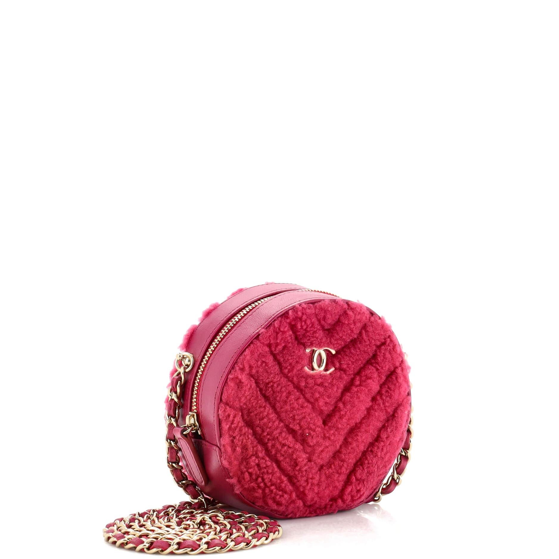 Chanel Round Clutch with Chain Chevron Shearling Mini For Sale at 1stDibs