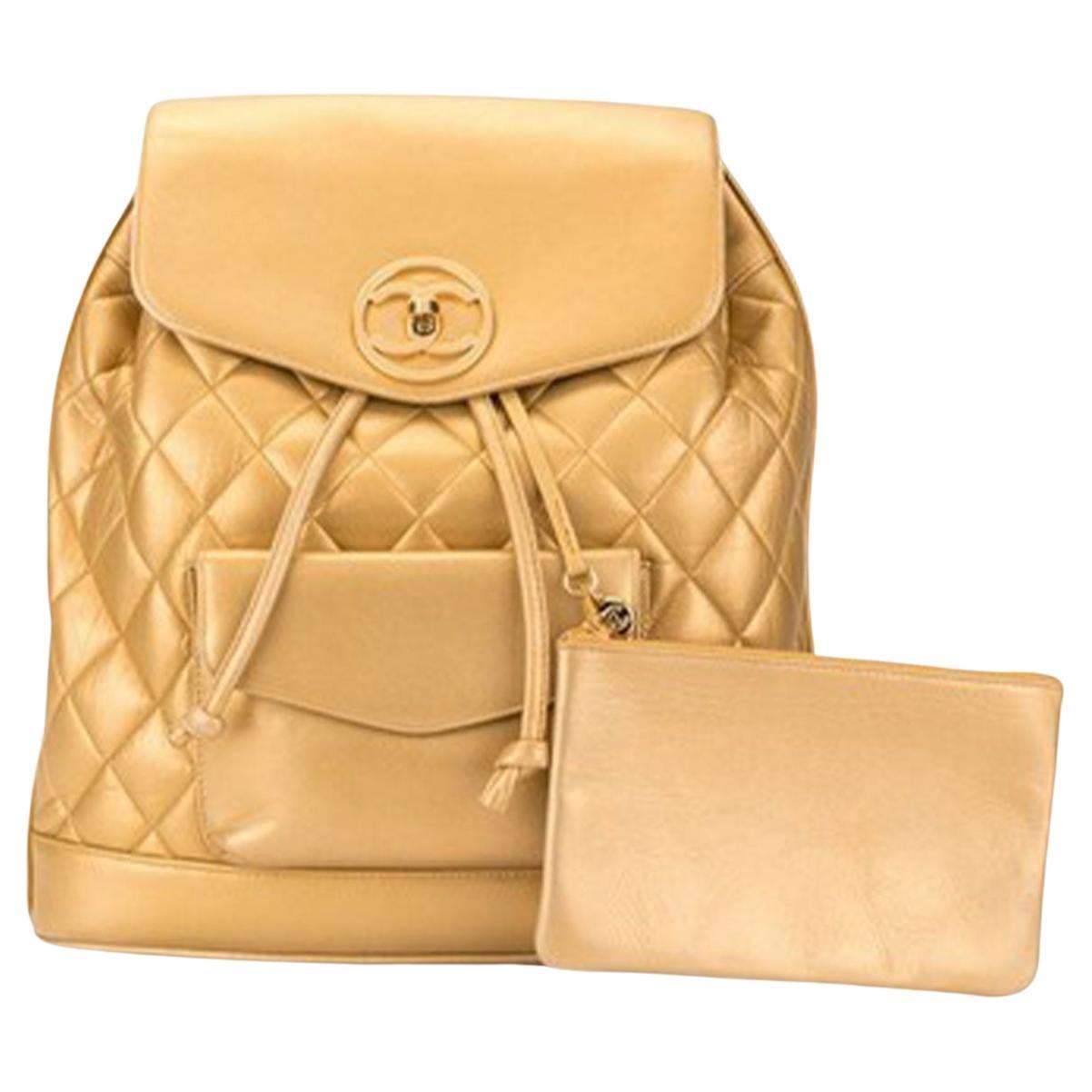 Chanel Rucksack Gold Lambskin Leather Backpack For Sale at 1stDibs