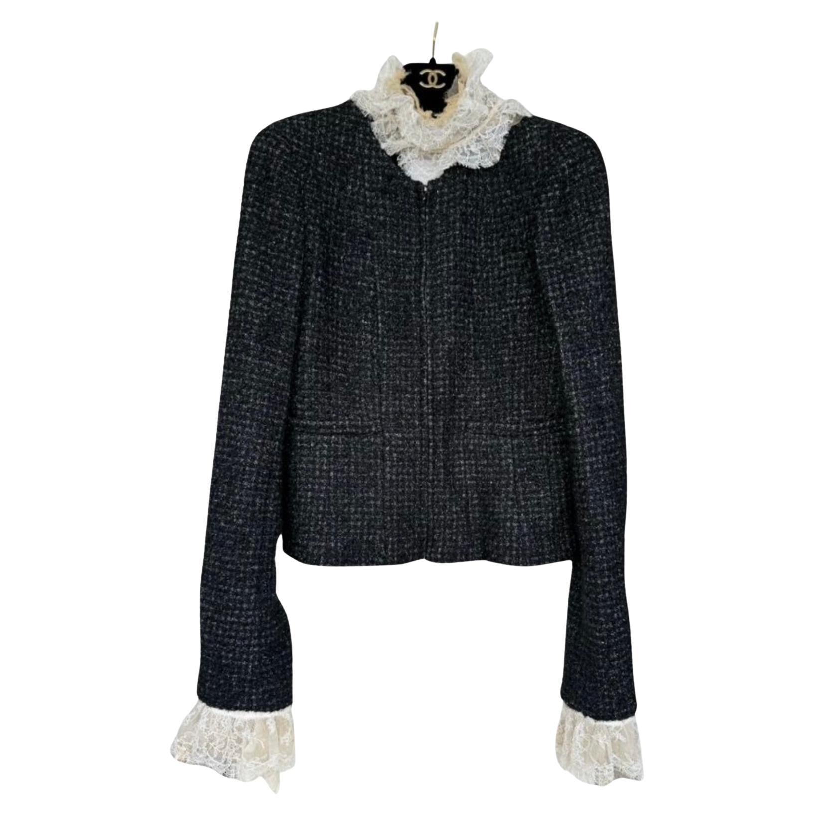 Chanel Ruffle Collar and Cuffs Black Lesage Tweed Jacket For Sale at ...
