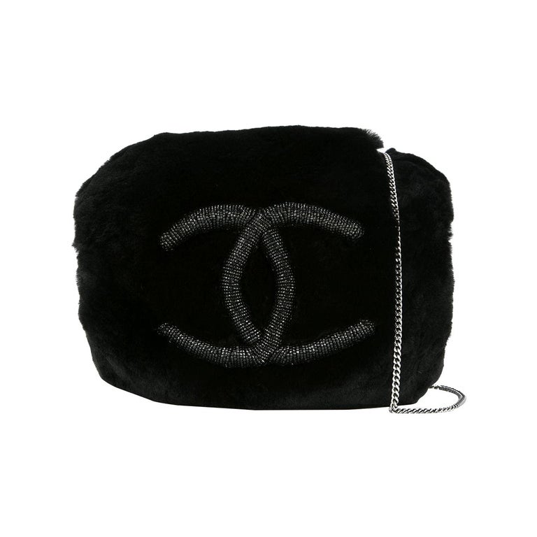 Chanel Runway Black Bead Fur Silver Logo Evening Muffler Clutch ...