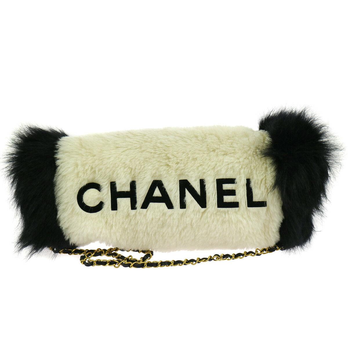 Chanel Runway Black White Fur Gold Logo Evening Muffler Shoulder Hand ...