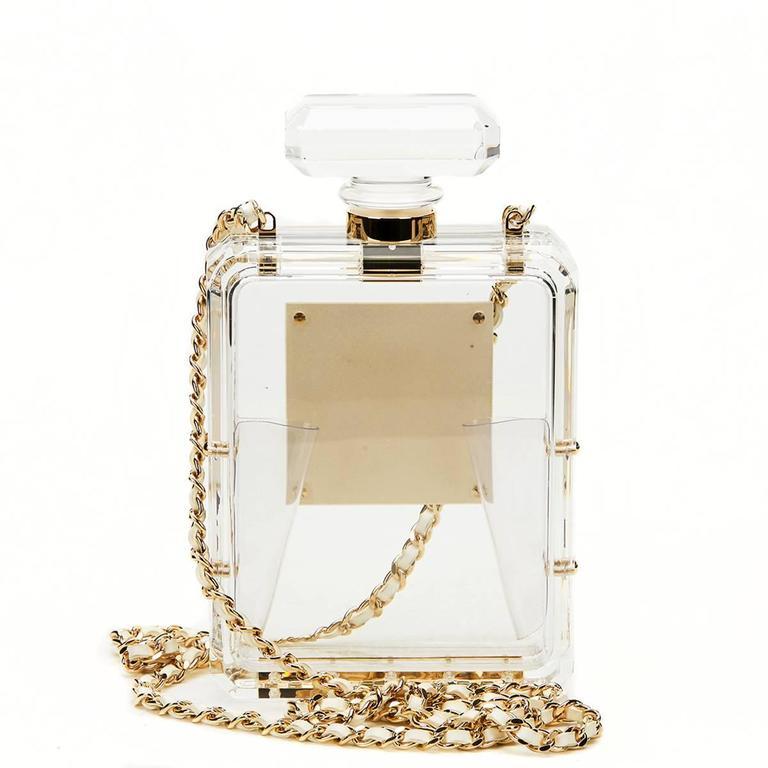 Chanel Runway Clear Resin Leather Gold Perfume Bottle Chain Evening ...