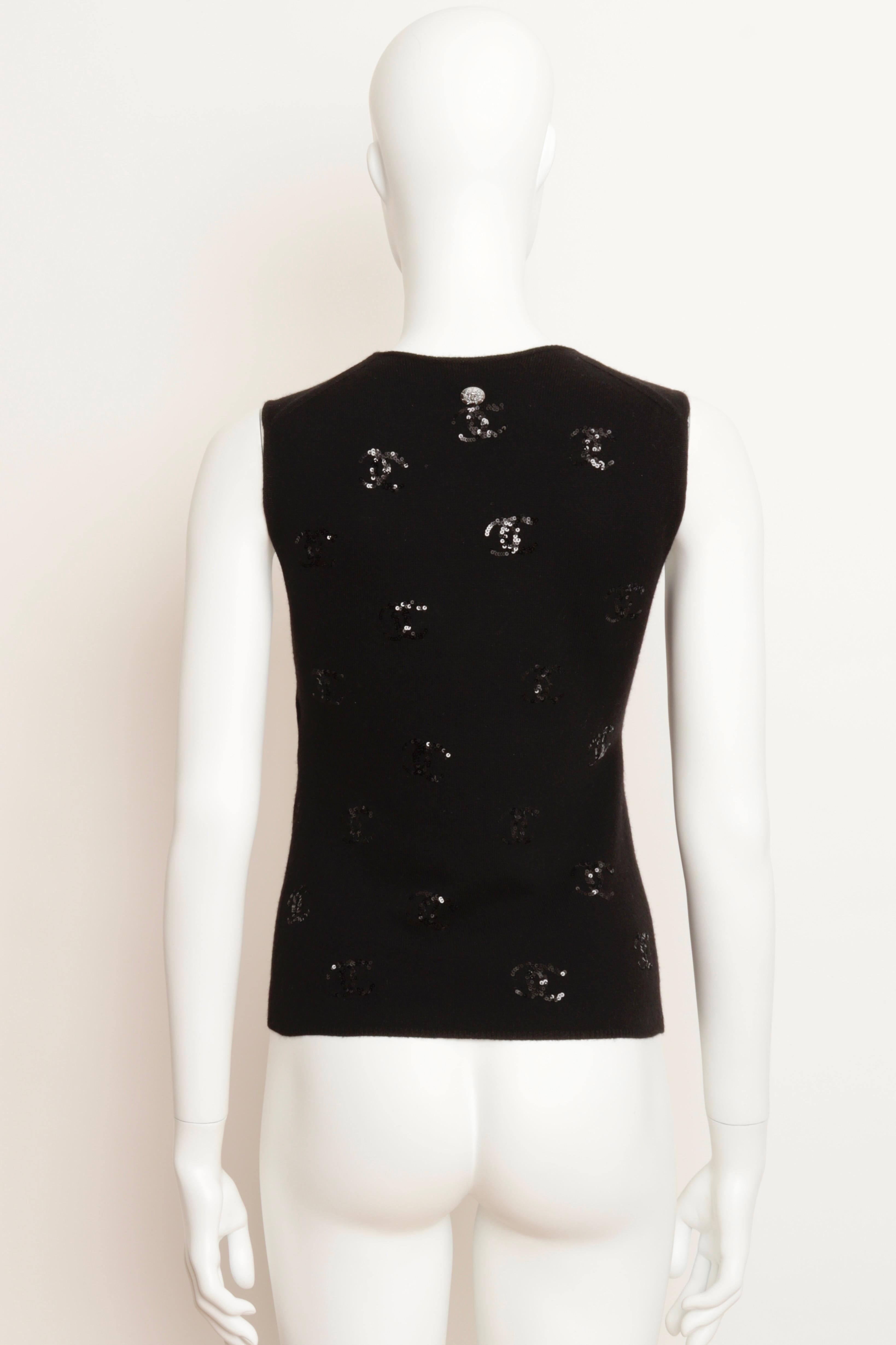 Chanel S/S 2004 Runway Black Cashmere Vest Floral and CC Logo Sequin ...