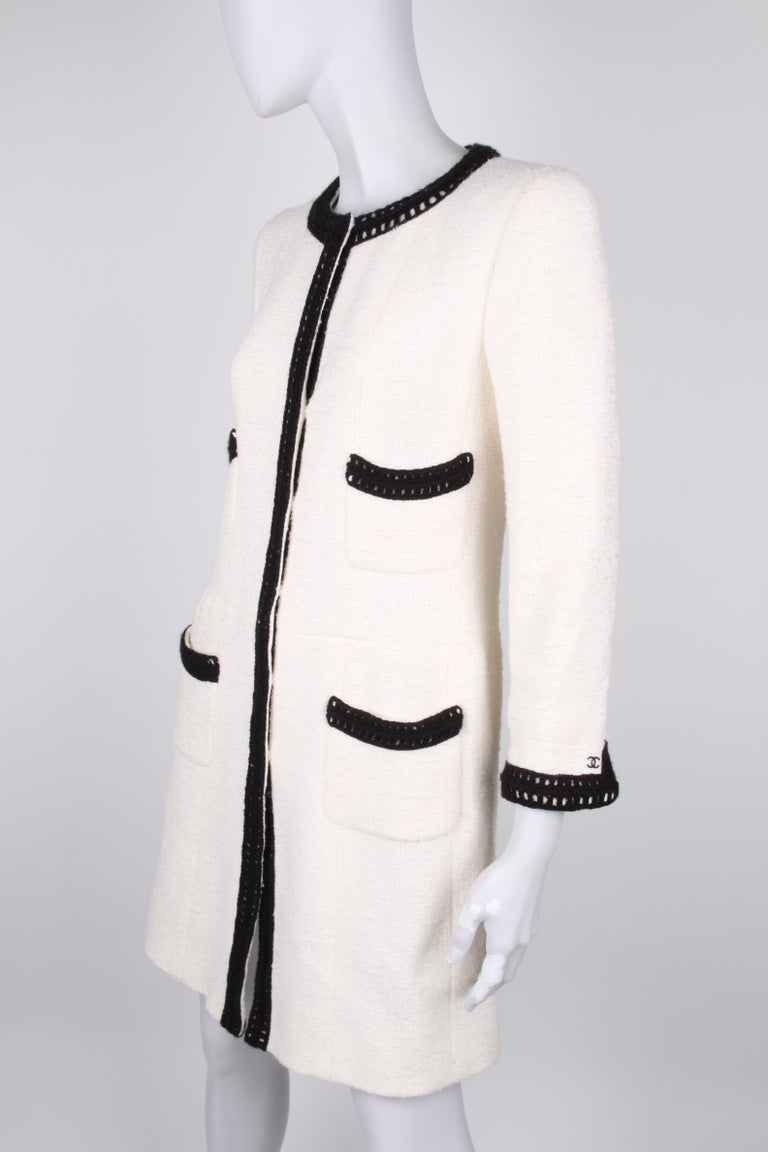 Chanel Signature Bouclé Tweed Black and White Trim Long Coat For Sale ...