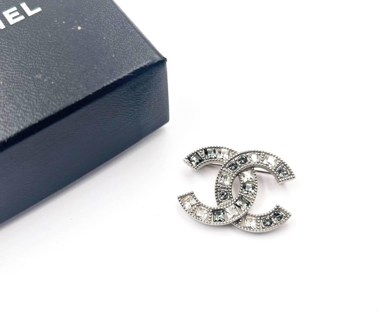 Chanel Silver CC Grey Princess Square Round Crystal Small Brooch For ...