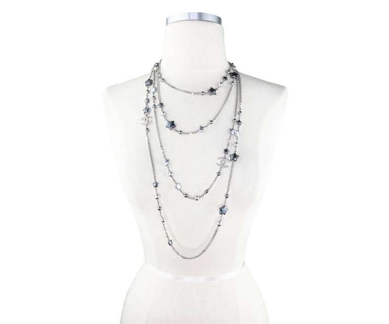 Chanel Silver CC Grey Stars 4 Strand Chain Necklace For Sale at 1stDibs