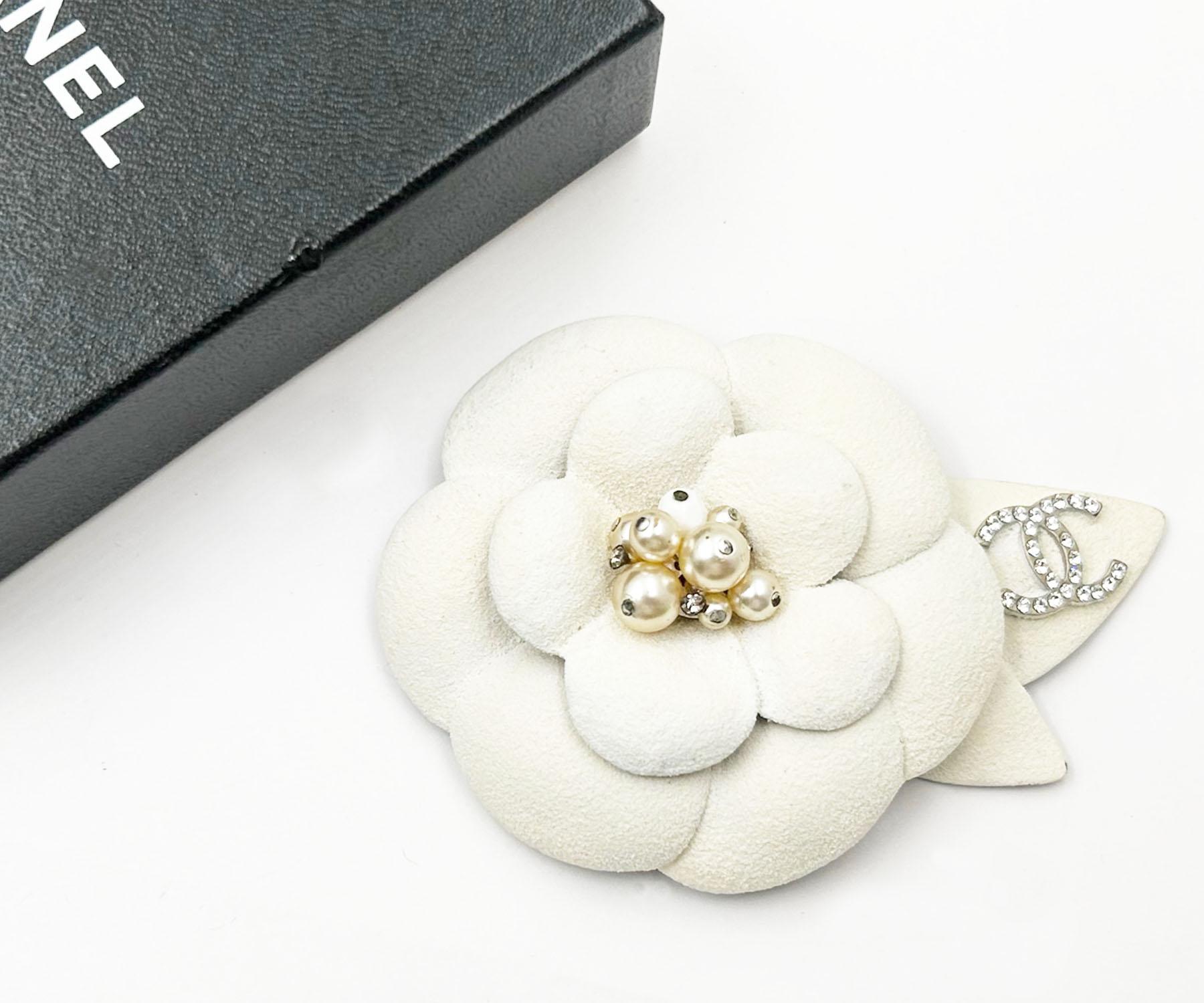 Chanel Silver CC Ivory Camellia Flower Large Brooch For Sale at 1stDibs