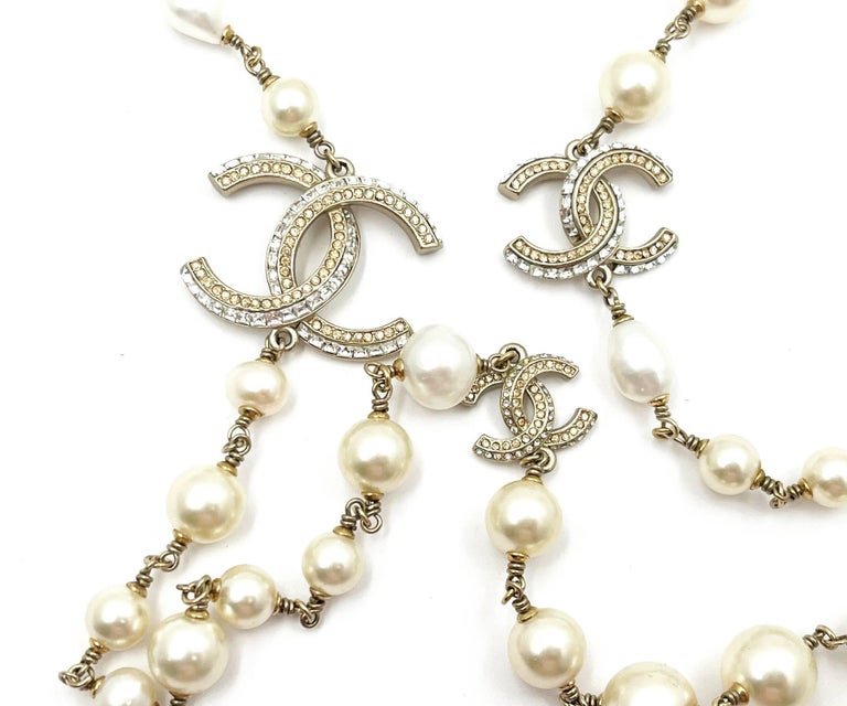 Chanel Silver CC Peach Crystal Square Crystal Freshwater Pearl Necklace ...
