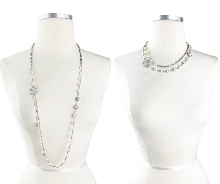 Chanel Silver CC Pearl Crystal Round Pearl Chain Necklace For Sale at ...