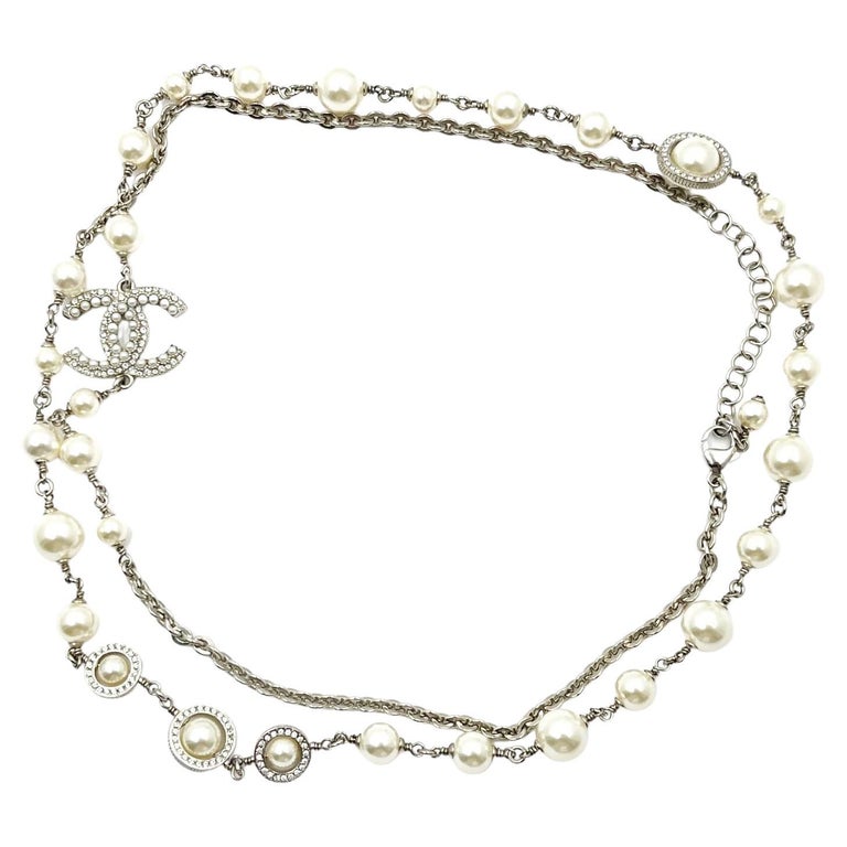 Chanel Silver CC Pearl Crystal Round Pearl Chain Necklace For Sale at ...