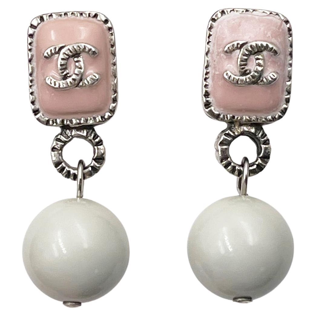 Chanel Silver CC Pink Rectangle Mint Bead Drop Piercing Earrings at ...