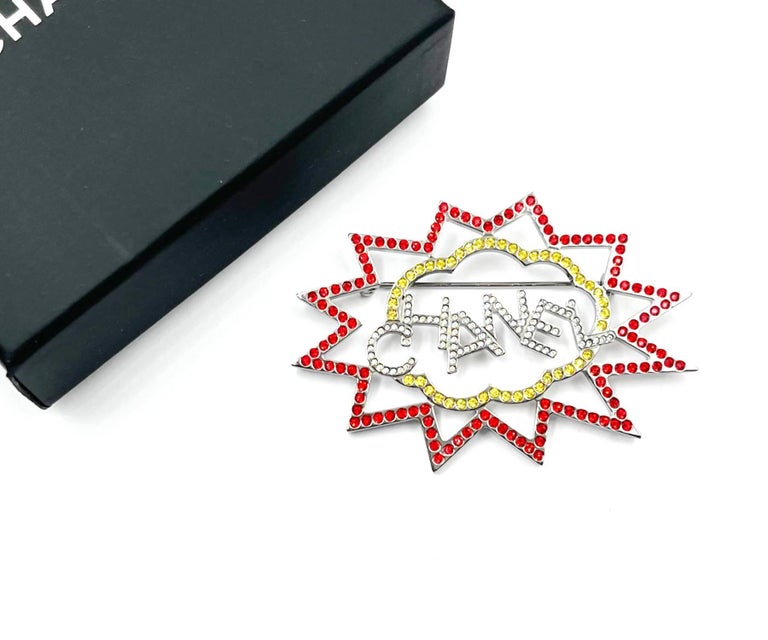 Chanel Silver CC Red Gold Crystal Bang Large Brooch For Sale at 1stDibs