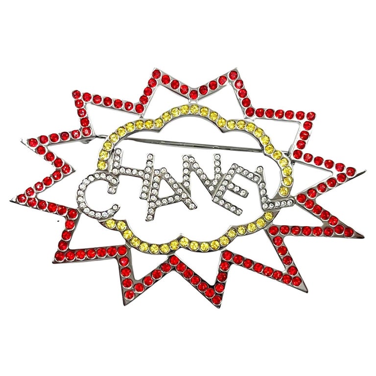 Chanel Silver CC Red Gold Crystal Bang Large Brooch For Sale at 1stDibs
