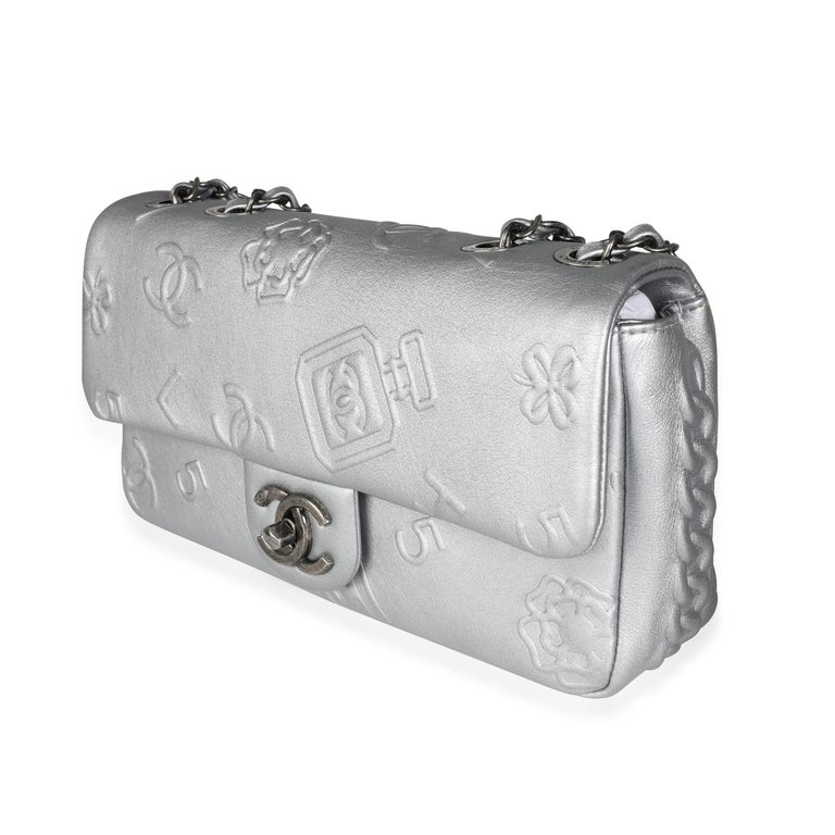 Chanel Silver Embossed Precious Symbols Single Flap Bag For Sale at 1stDibs