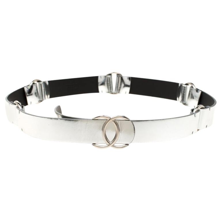 Chanel Silver Leather CC Belt 80cm For Sale at 1stDibs