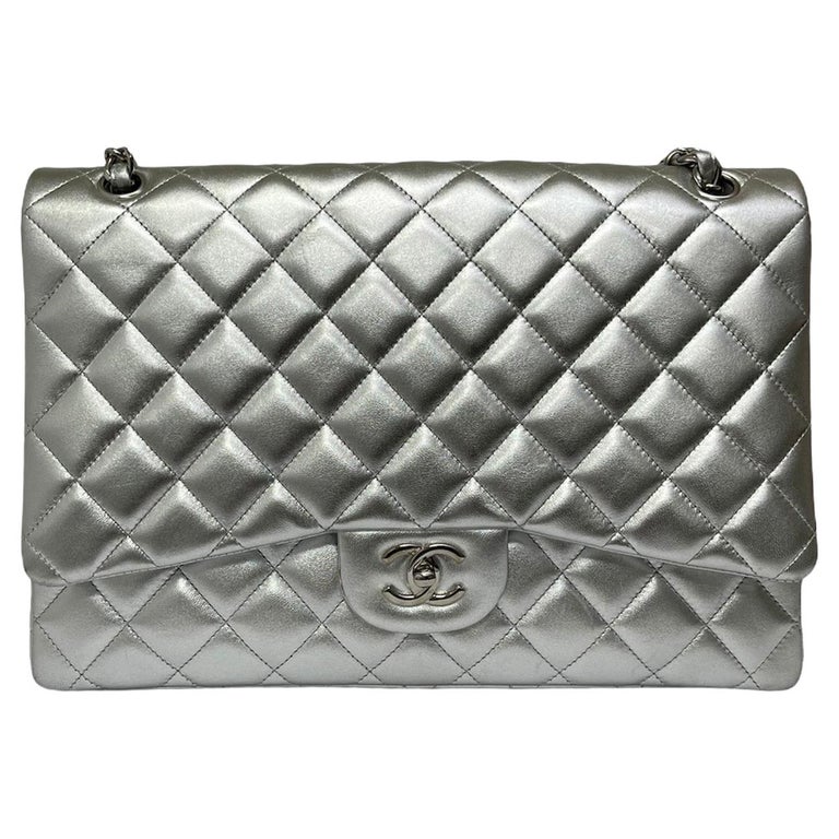 Chanel Silver Leather Maxi Jumbo Bag For Sale at 1stDibs