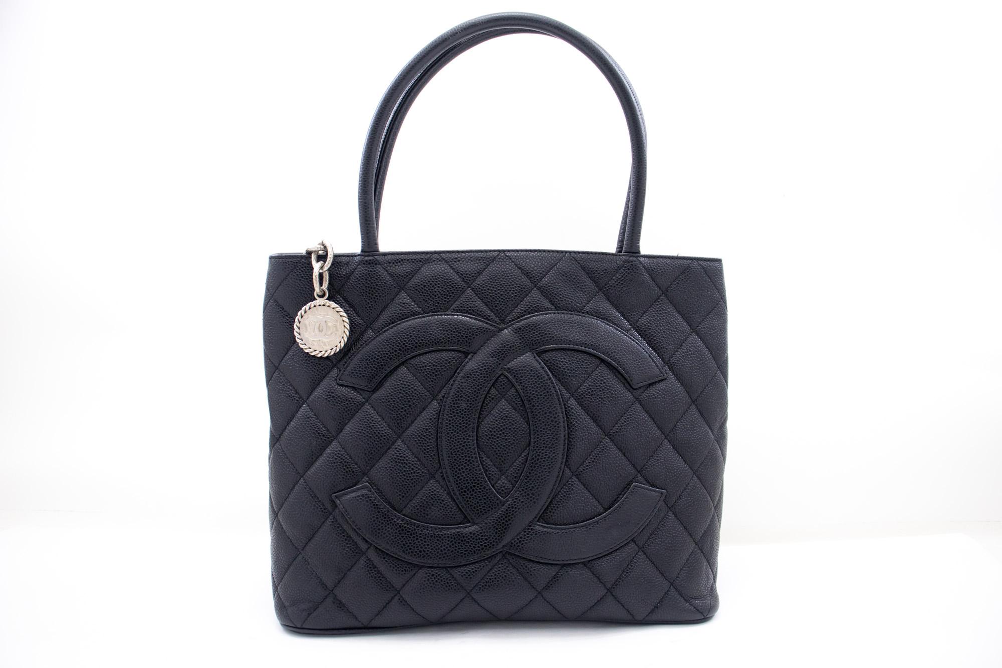 CHANEL Silver Medallion Caviar Shoulder Shopping Tote Bag Black For ...
