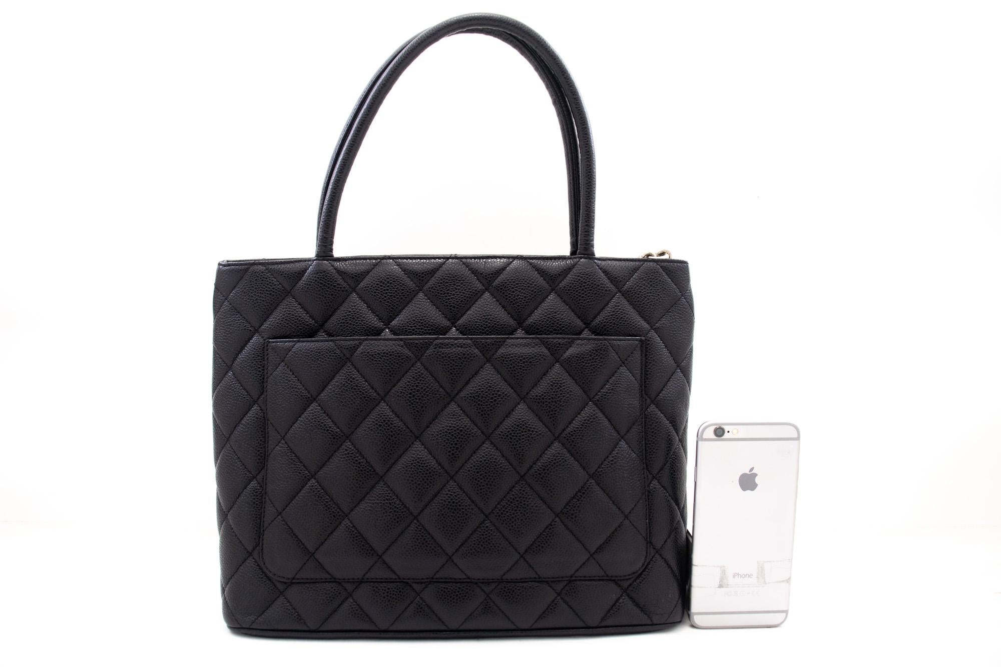 CHANEL Silver Medallion Caviar Shoulder Shopping Tote Bag Black SV For ...
