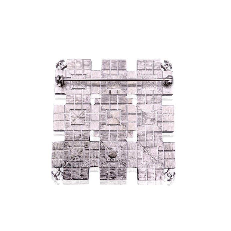 Chanel Silver Metal Clear Black Crystals Square Brooch Pin For Sale at ...