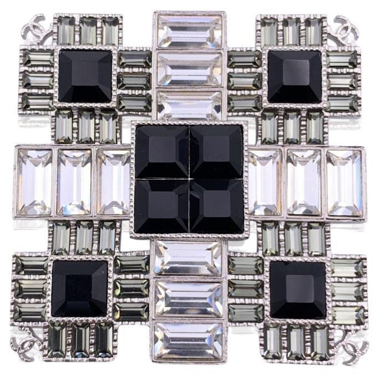 Chanel Silver Metal Clear Black Crystals Square Brooch Pin For Sale at ...