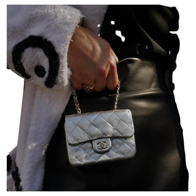 CHANEL Silver Metallic Leather Micro Mini Evening Pouch Pochette Chain ...
