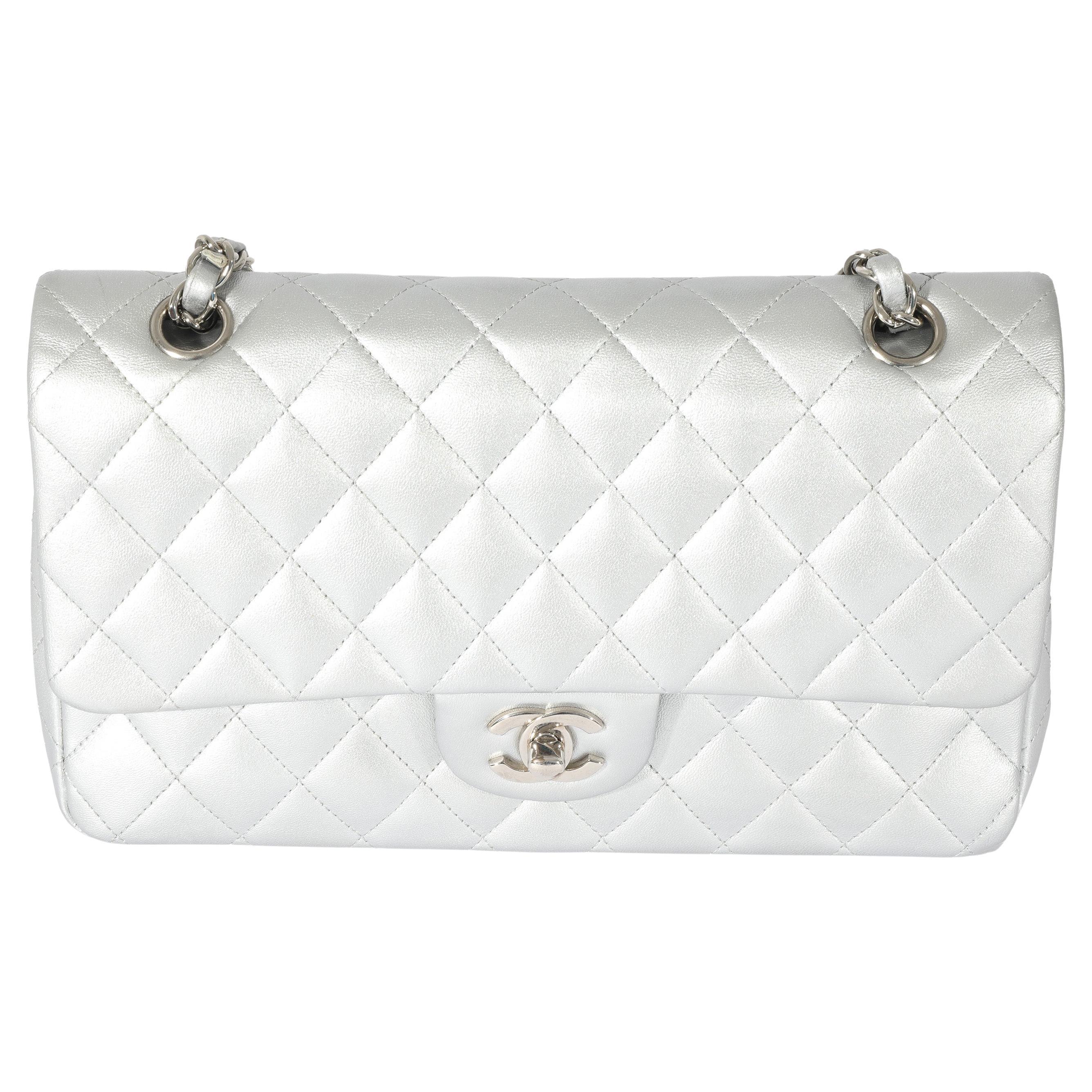 Chanel Silver Metallic Medium Classic Flap Bag For Sale at 1stDibs