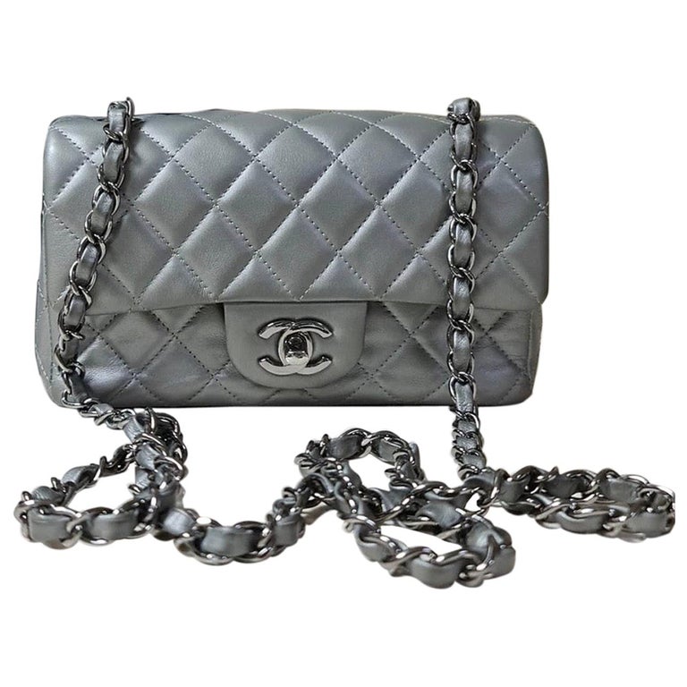 Chanel Silver Metallic Quilted Lambskin Rectangular Mini Flap Bag at ...