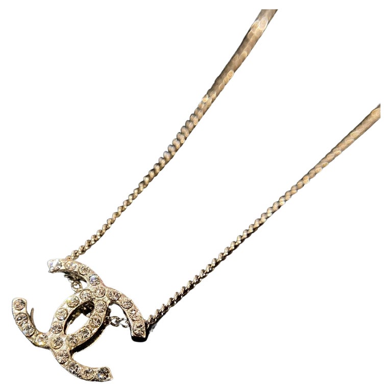 Chanel Silver Plated New Rhinestone Small CC Logo Short Necklace 10A ...