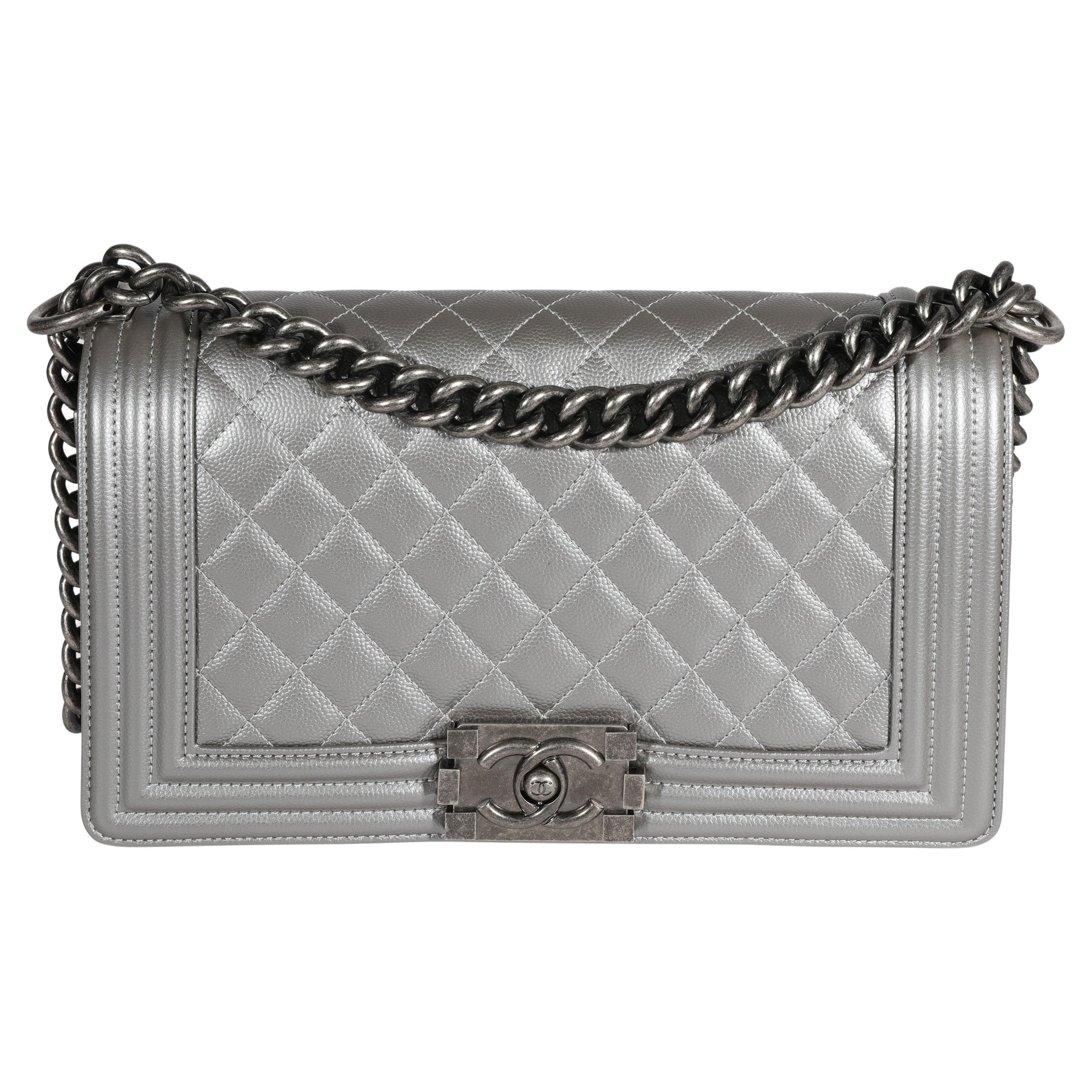 Chanel Silver Metallic Quilted Caviar Mini Vanity Bag With Chain For ...