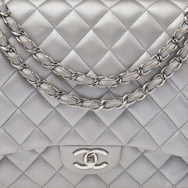 Chanel Silver Quilted Leather Maxi Classic Double Flap Bag For Sale at ...