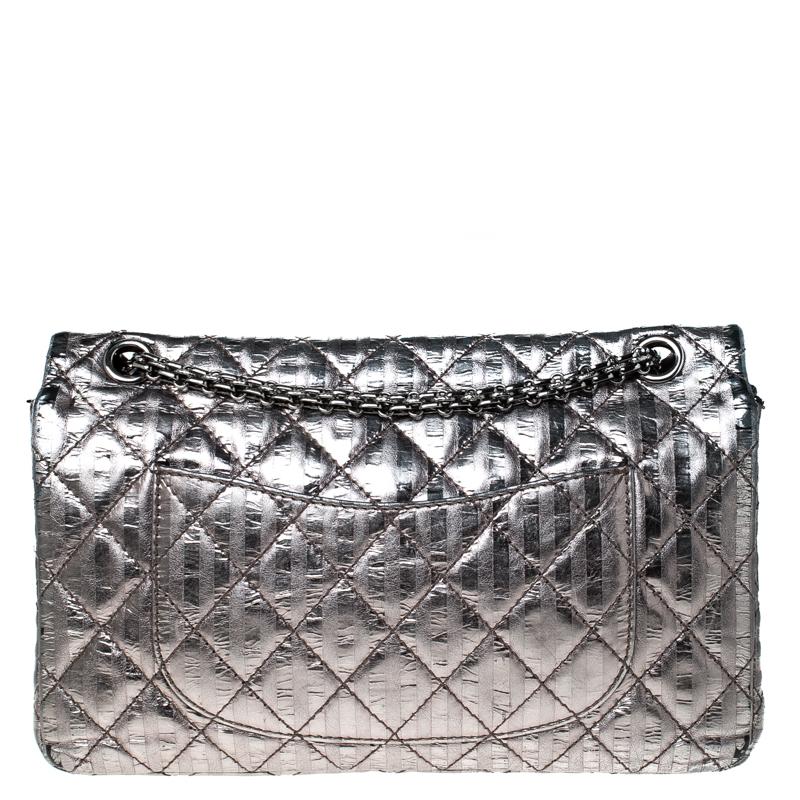 Chanel Silver Quilted Striped Leather Classic 2.55 Reissue 226 Double ...