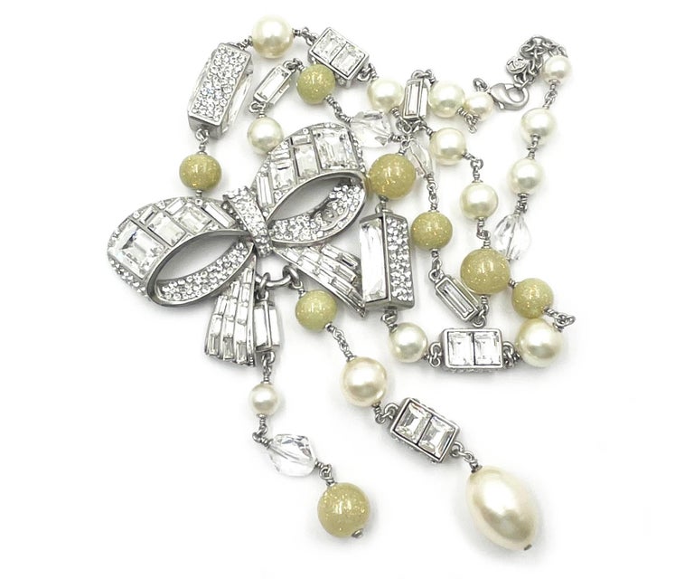 Chanel Silver Ribbon Bow CC Crystal Neon Bead Pearl Necklace For Sale ...