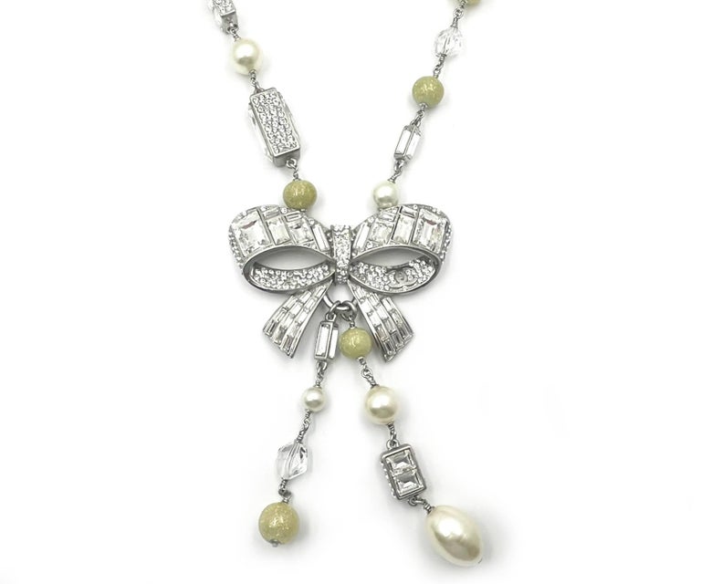 Chanel Silver Ribbon Bow CC Crystal Neon Bead Pearl Necklace For Sale ...