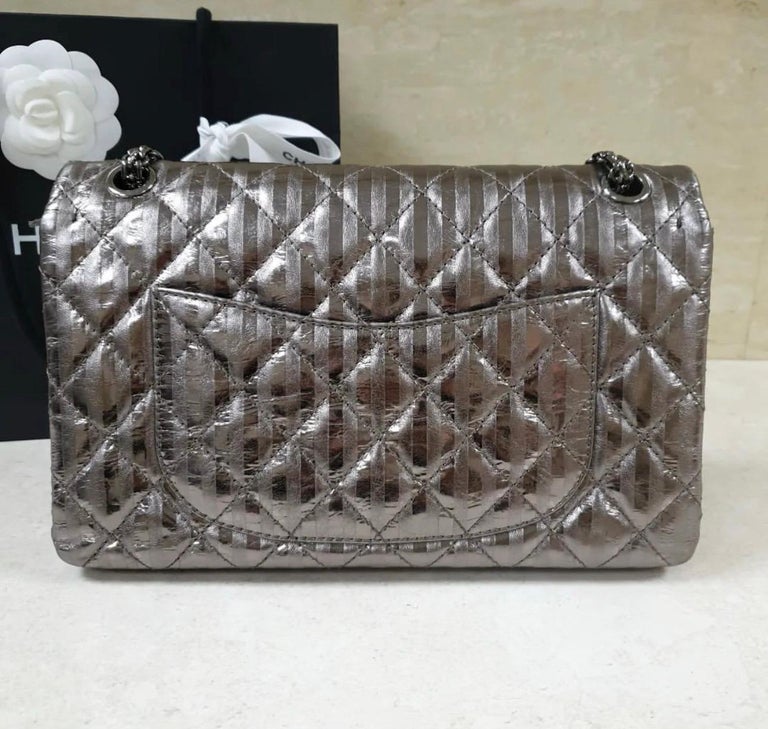 Chanel Silver Striped Quilted Leather Reissue 2.55 Classic Double Flap ...