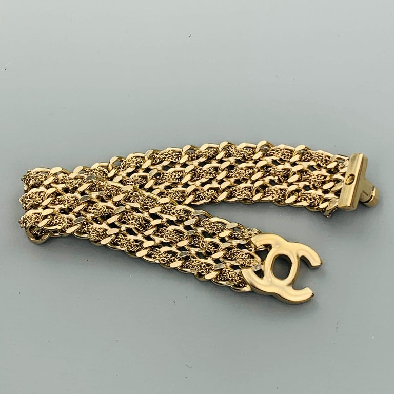 CHANEL Silver Tone Metal Woven Chain Link CC Turnlock Bracelet at 1stDibs